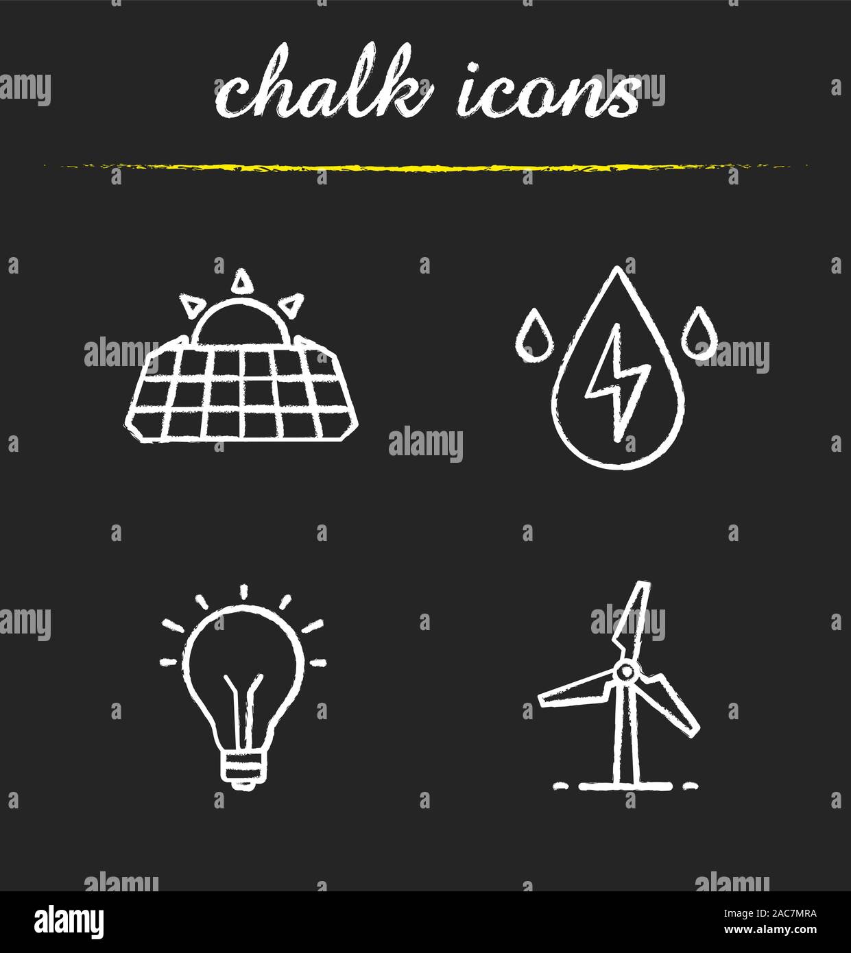 Eco energy chalk icons set. Solar panels, windmill, water energy, light ...