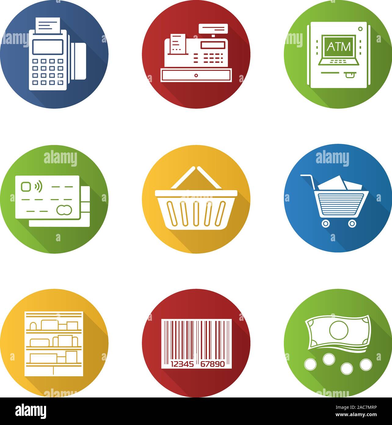 Supermarket flat design long shadow icons set. Pos terminal, cash ...