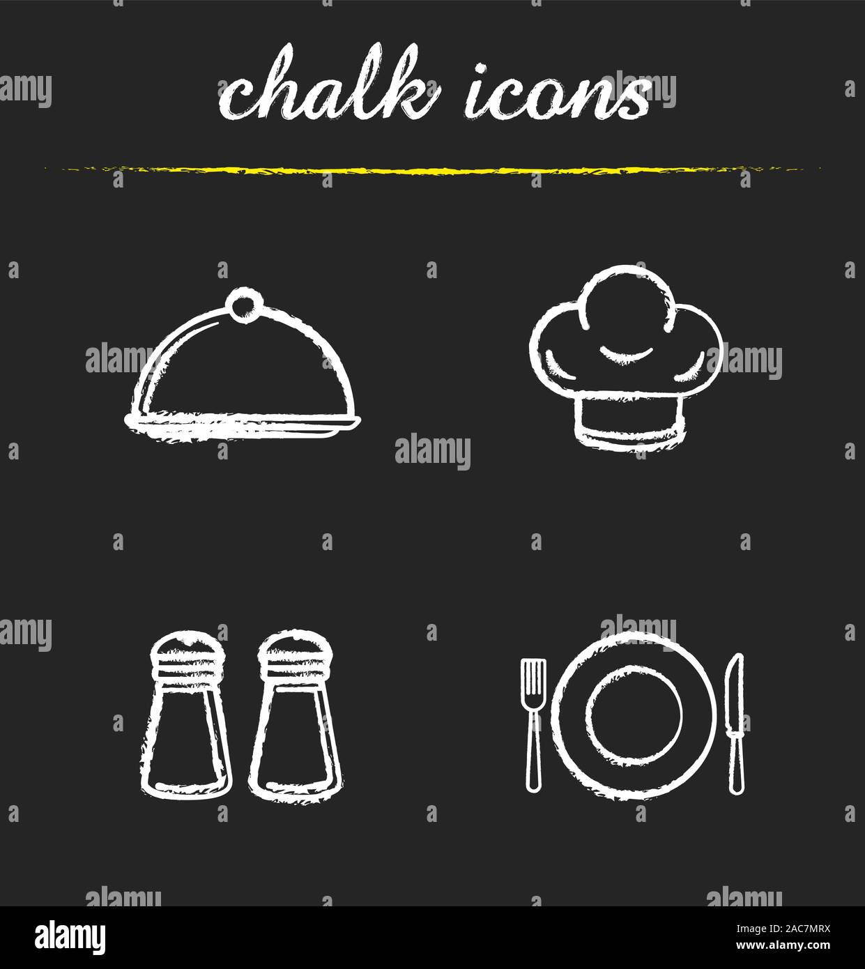 Restaurant kitchen items chalk icons set. Salt and pepper shakers, chef ...