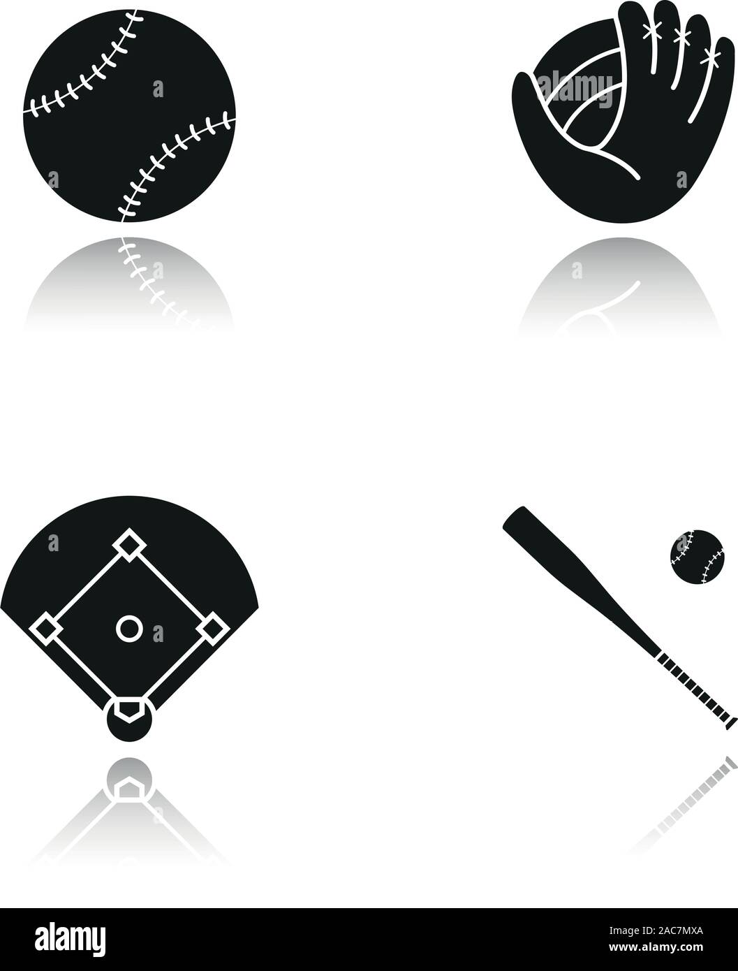 Baseball drop shadow black icons set. Bat and ball, mitt, field ...