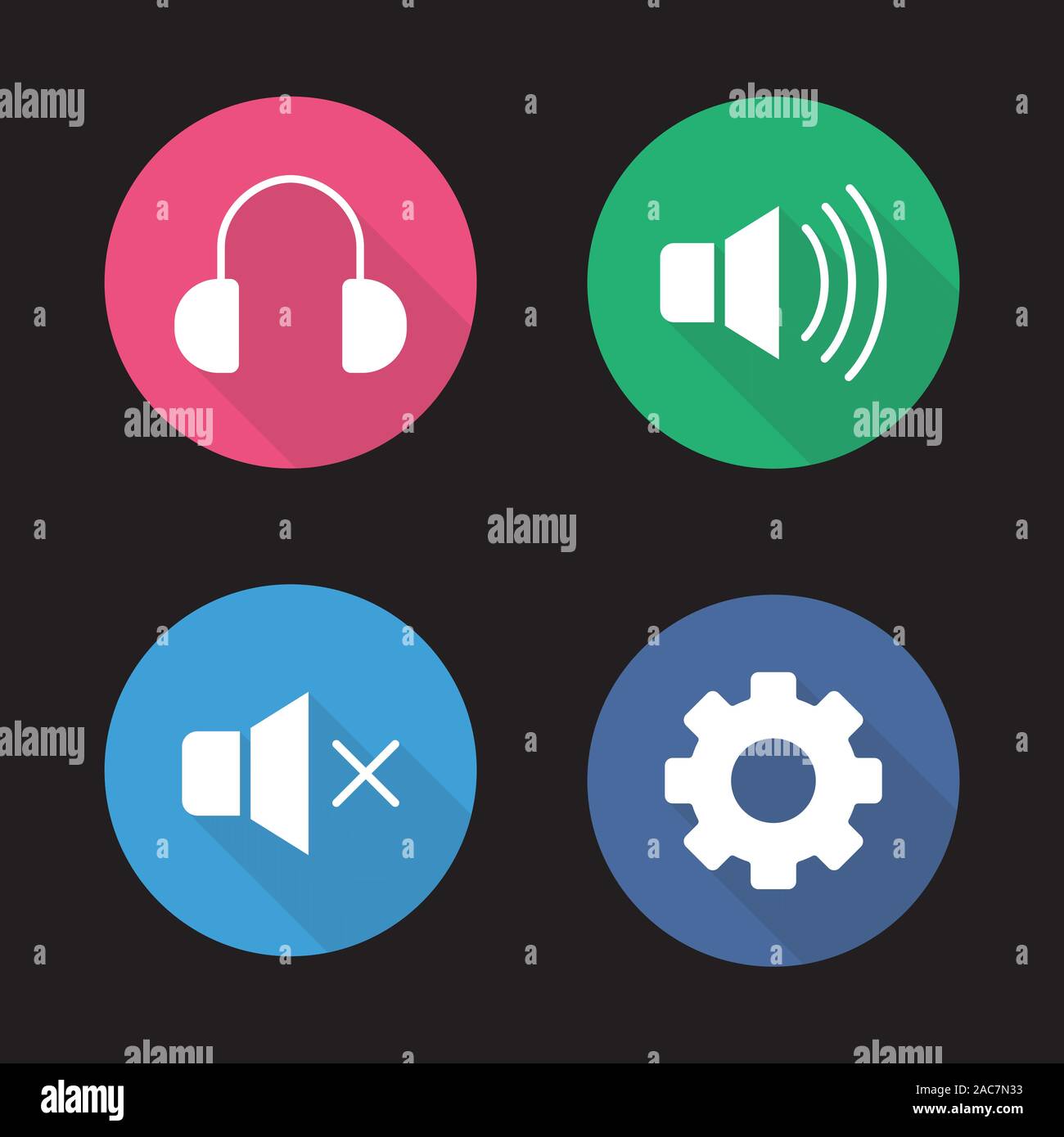 Music player menu buttons. Flat design long shadow icons set. Mute on ...