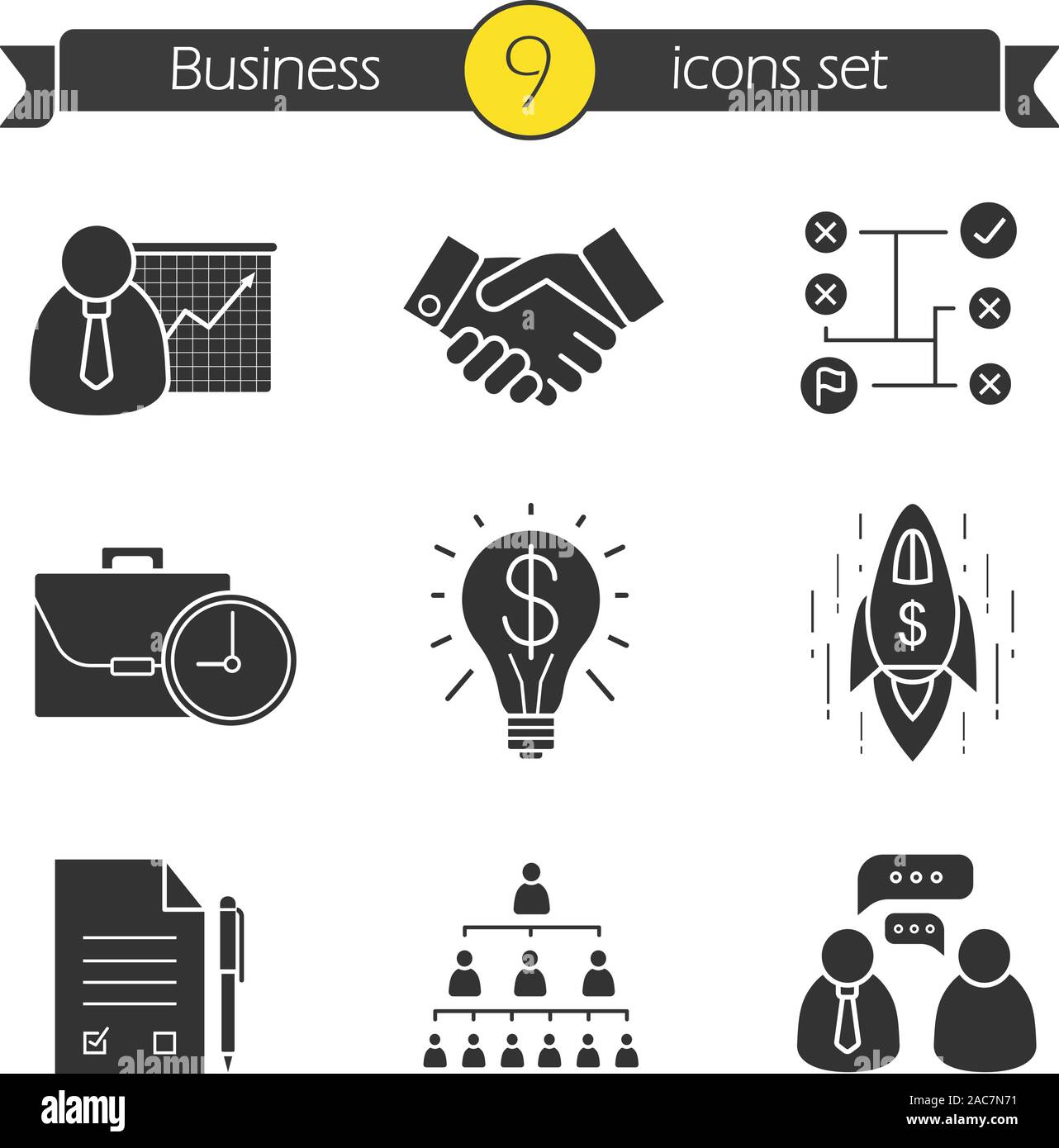 Business concepts icons set. Silhouette symbols. Teamwork, company hierarchy, signed contract ...