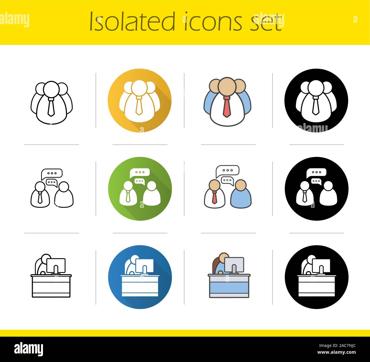 Business and teamwork icons set. Flat design, linear, black and color ...