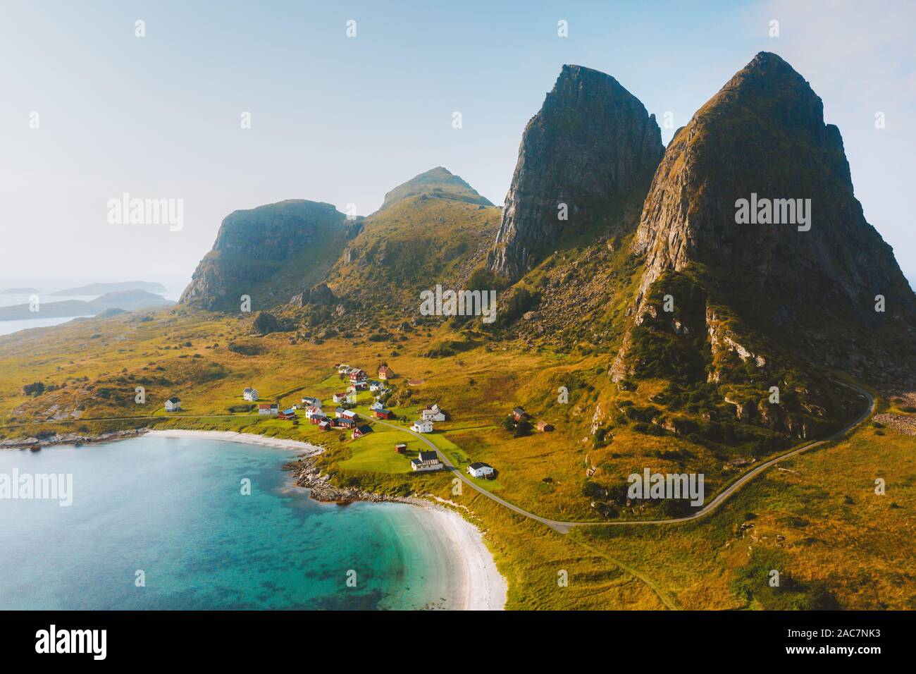 Landscape sea beach and mountain rocks in Norway Traena islands travel ...