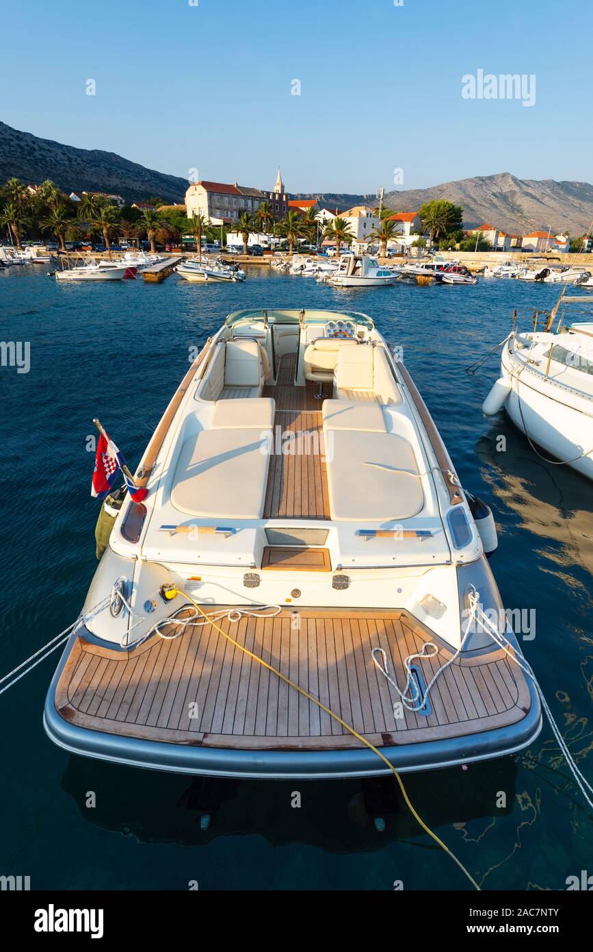 Motor boats and sailing boats in the port of the city of Orebic in ...
