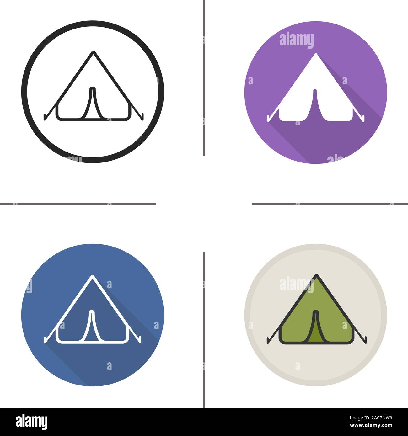 Tent icon. Camping spot. Flat design, linear and color styles. Isolated ...