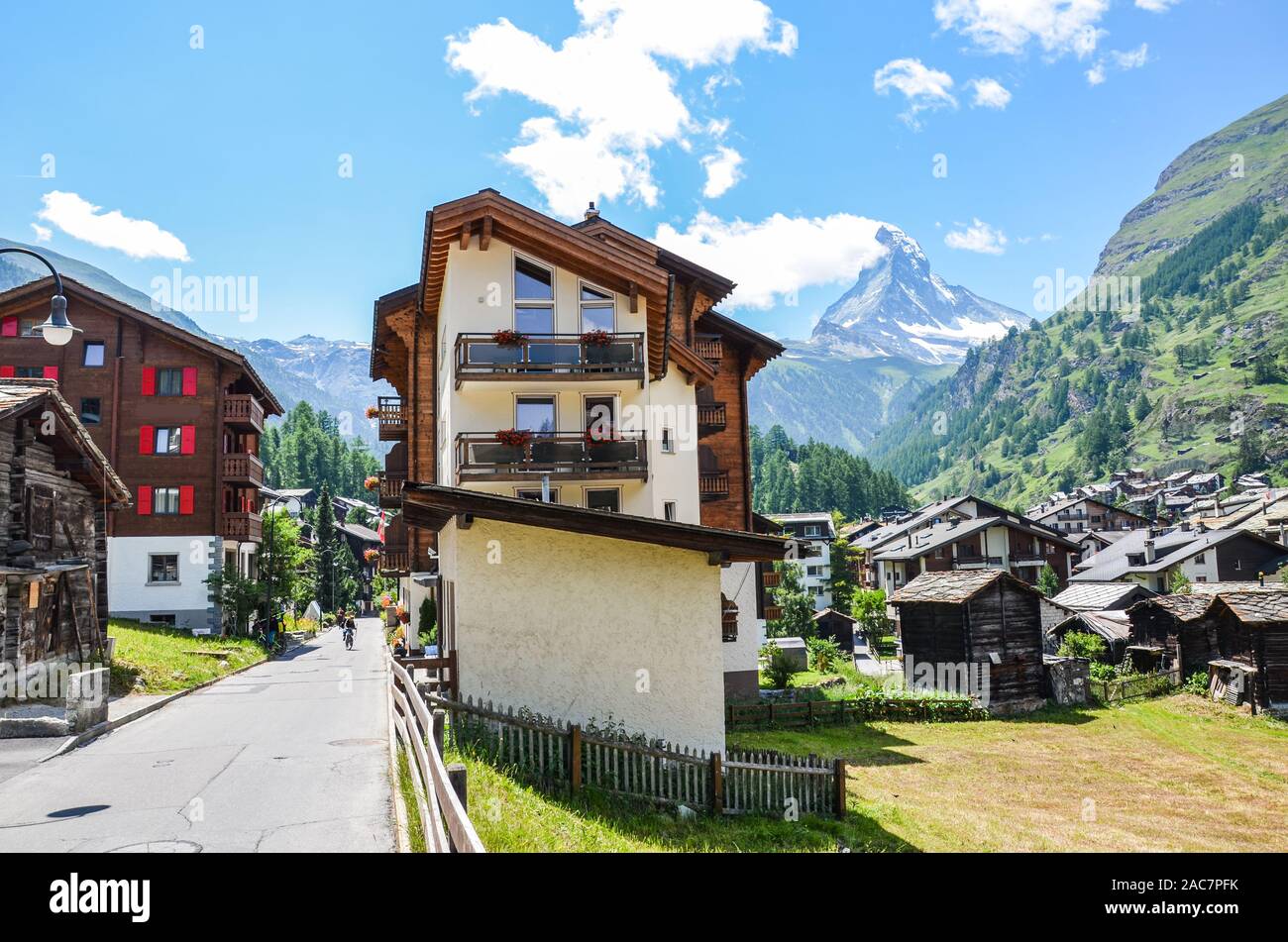 Streets of beautiful Alpine village Zermatt in Switzerland in the ...