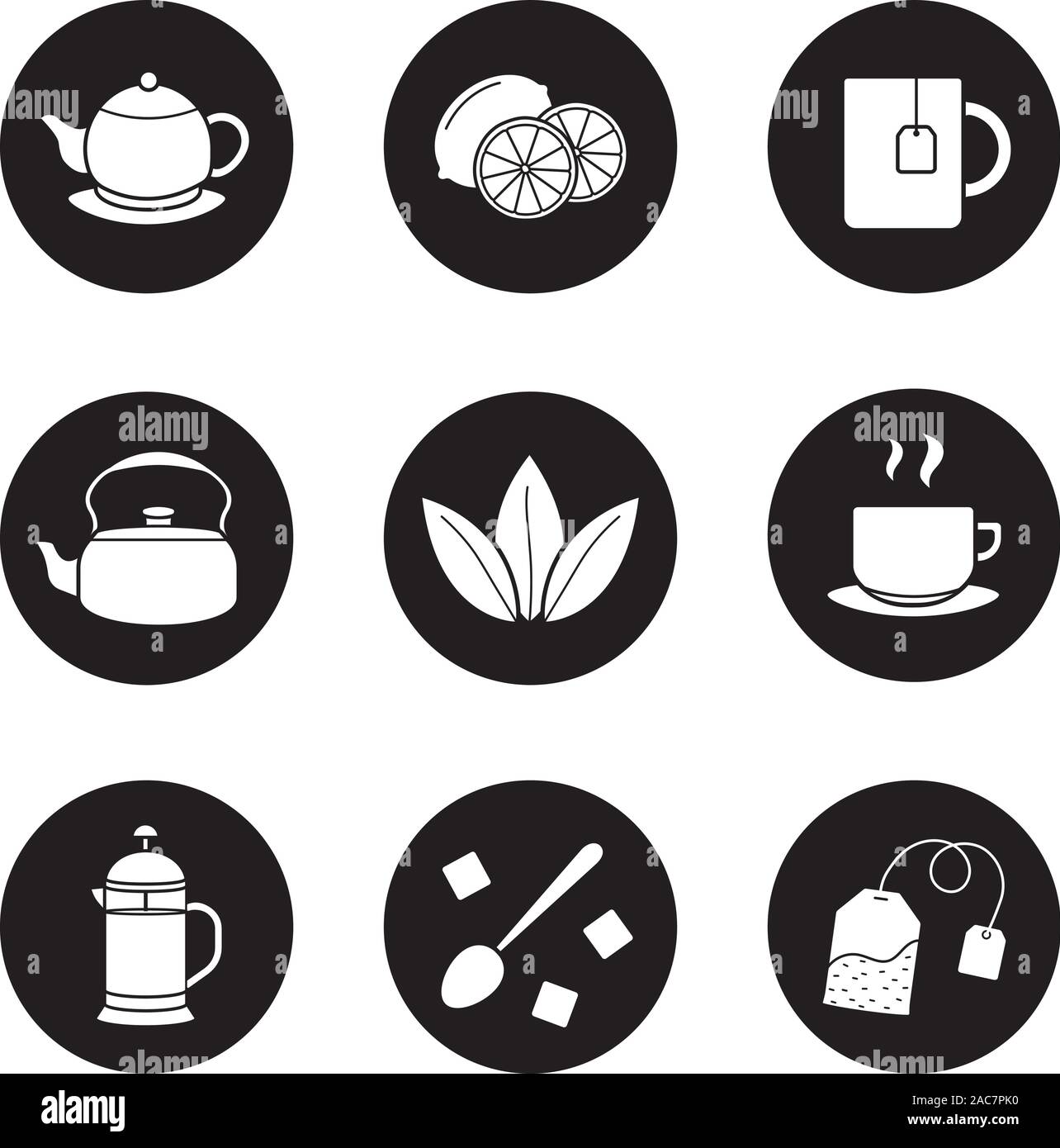 Tea icons set. Cutted lemon, steaming cup on plate, brewer, teapot ...