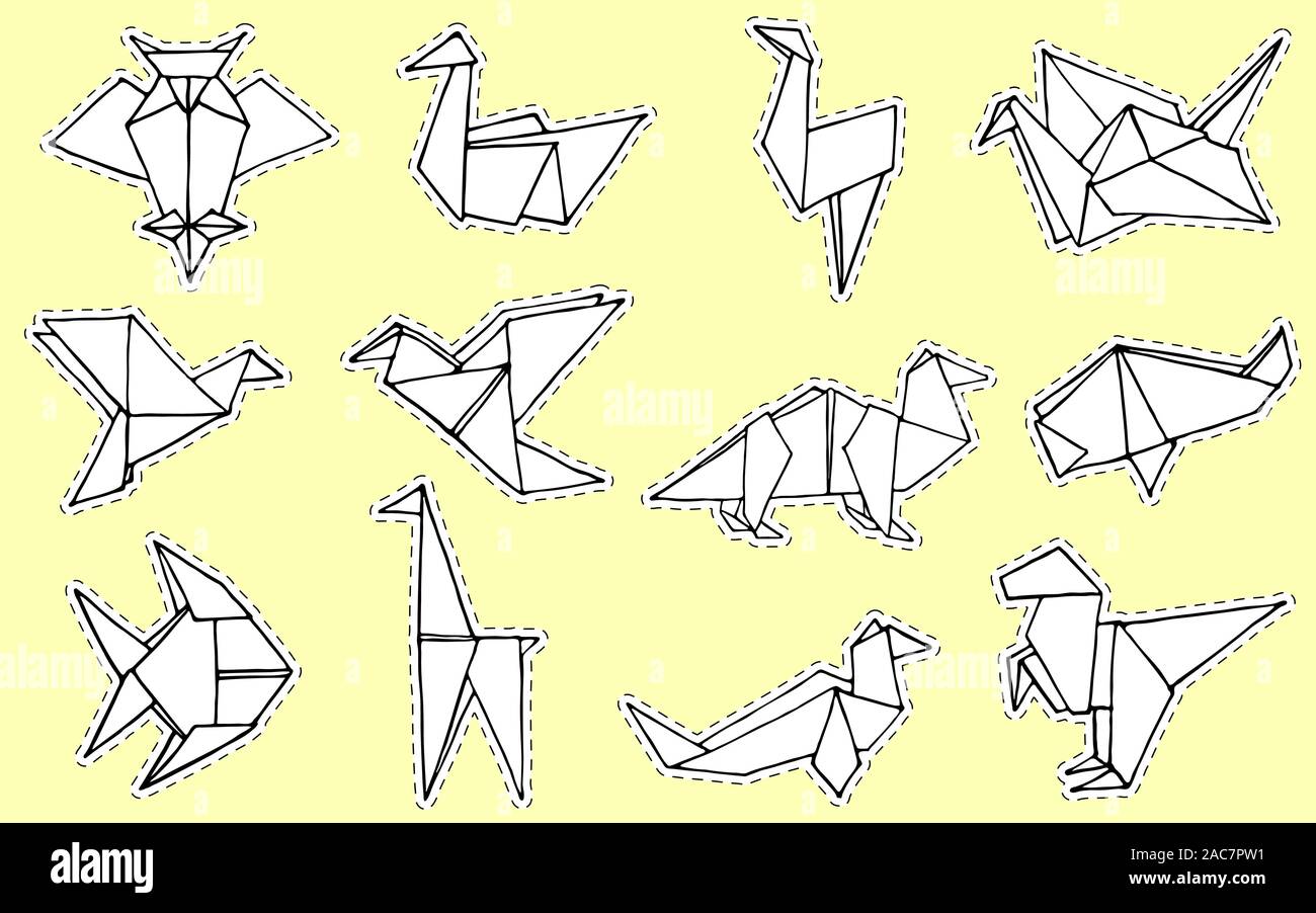 Origami animals collection. Hand drawn origami doodle set. Can be use ...