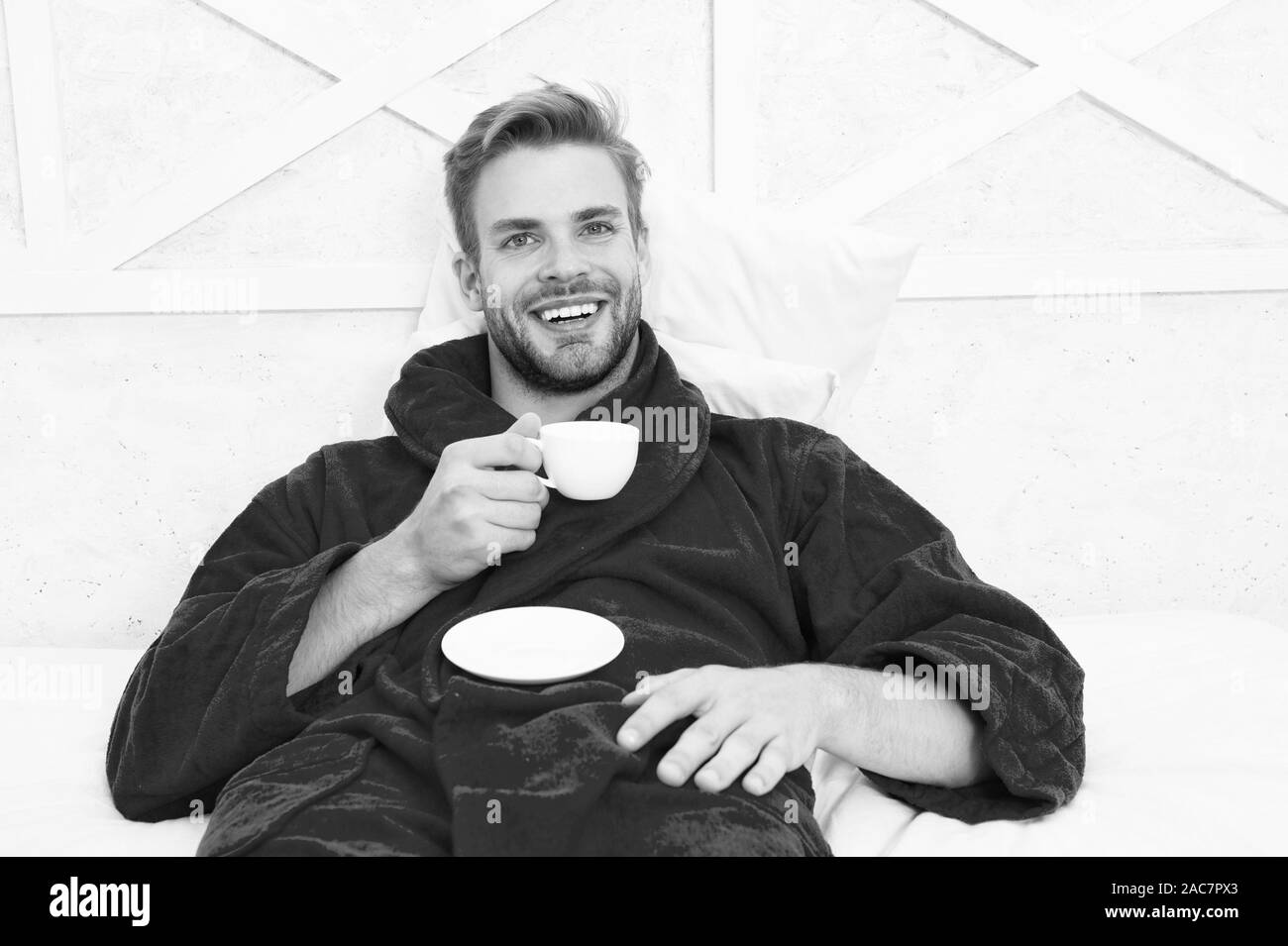 Enjoy Morning Coffee Happy Morning Handsome Man Drink Morning Coffee