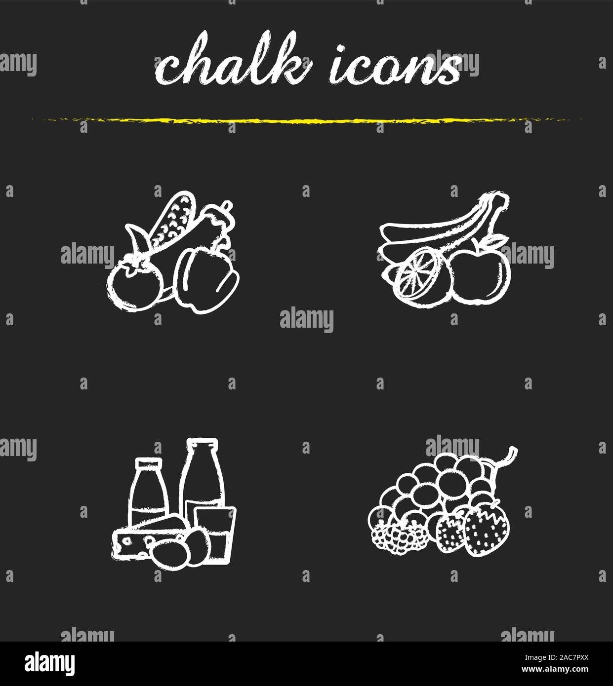 Grocery store products chalk icons set. Fruit, vegetables, berries ...