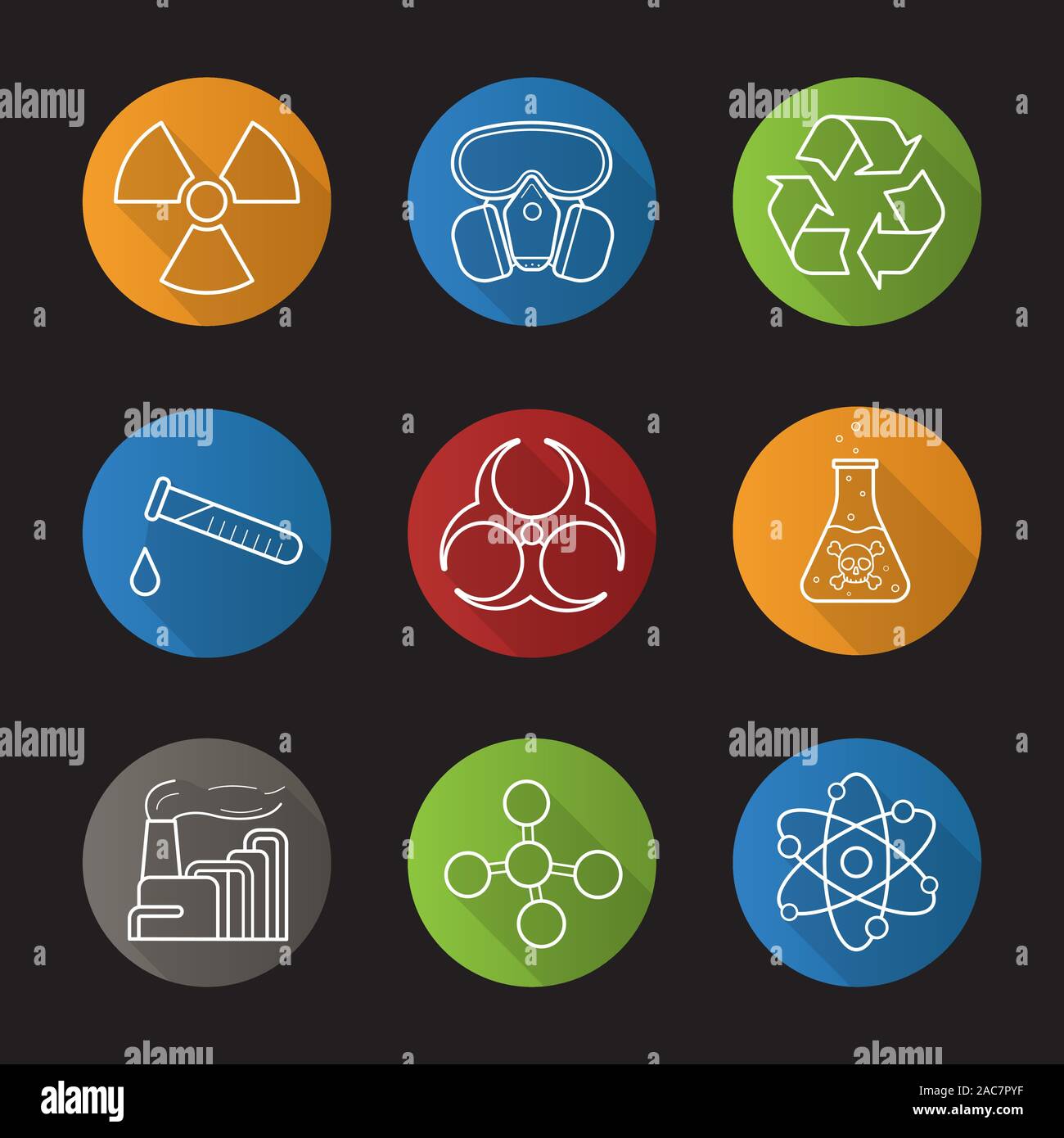 Chemical industry flat linear long shadow icons set. Gas mask, recycle ...