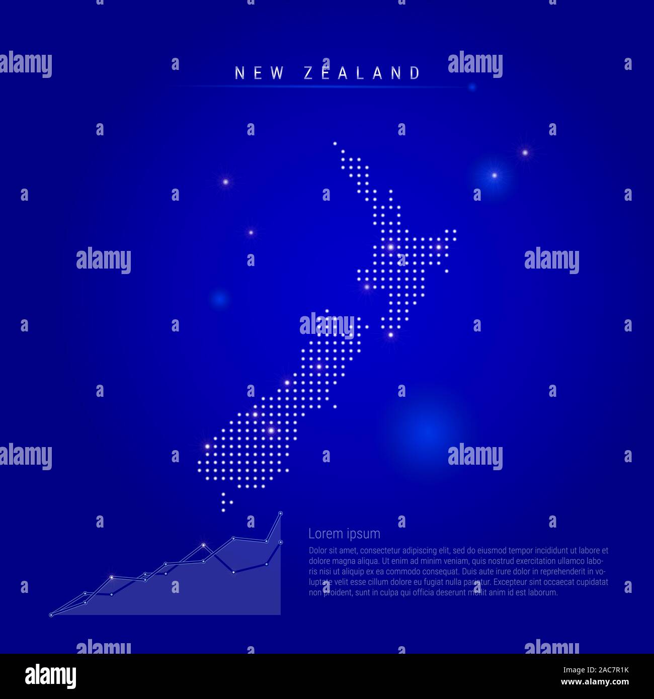 New Zealand illuminated map with glowing dots. Infographics elements ...