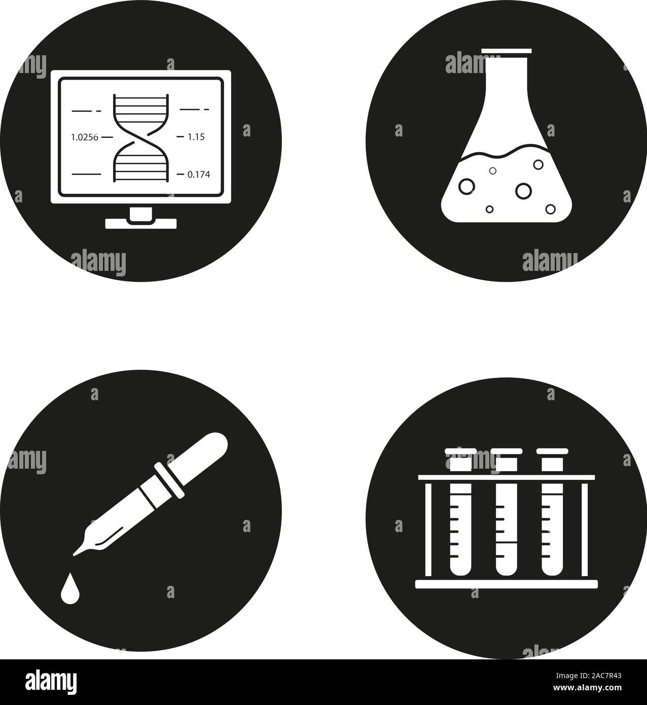 Science laboratory icons set. Dna research, beaker with liquid, medical ...