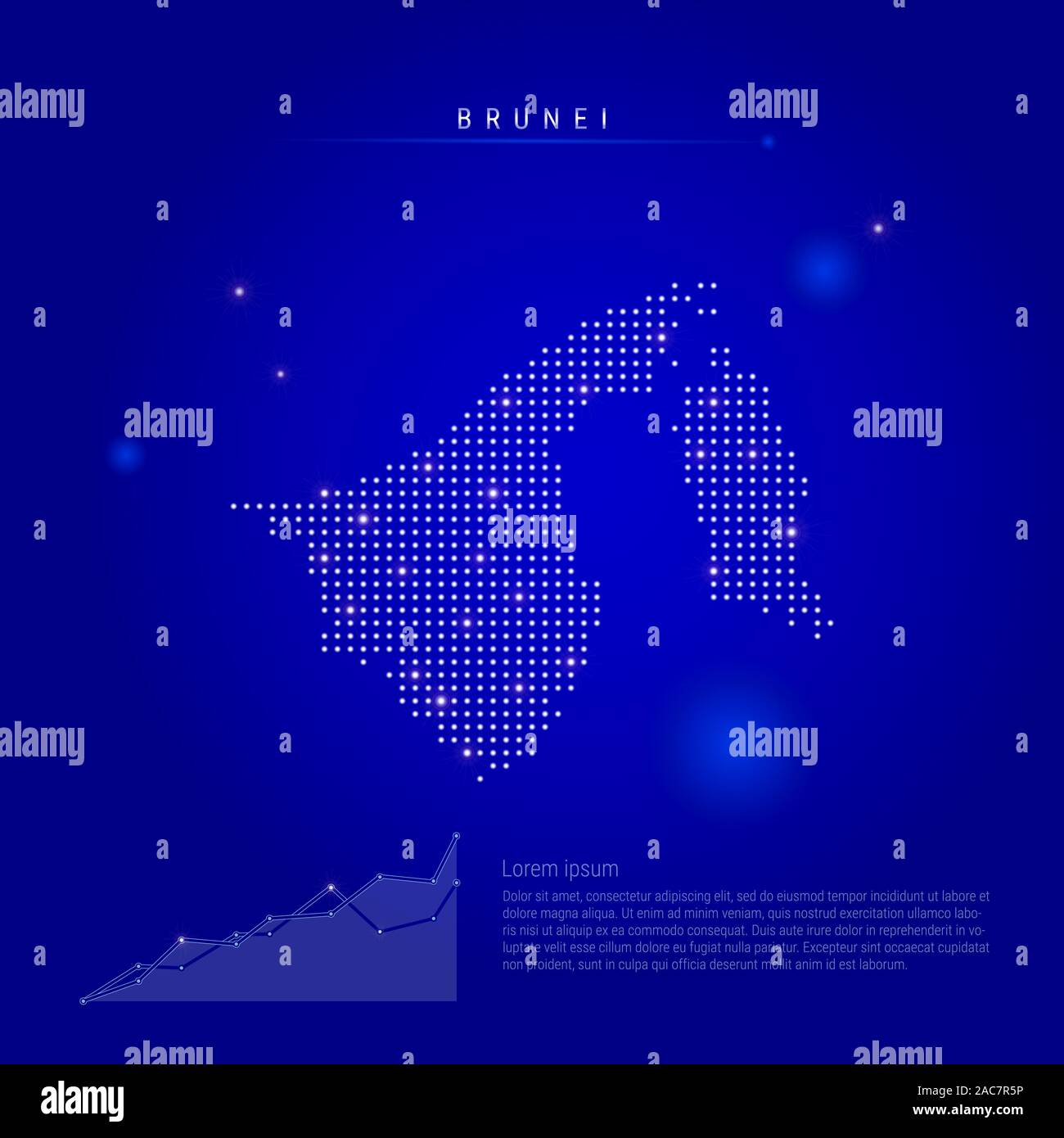 Brunei illuminated map with glowing dots. Infographics elements. Dark ...