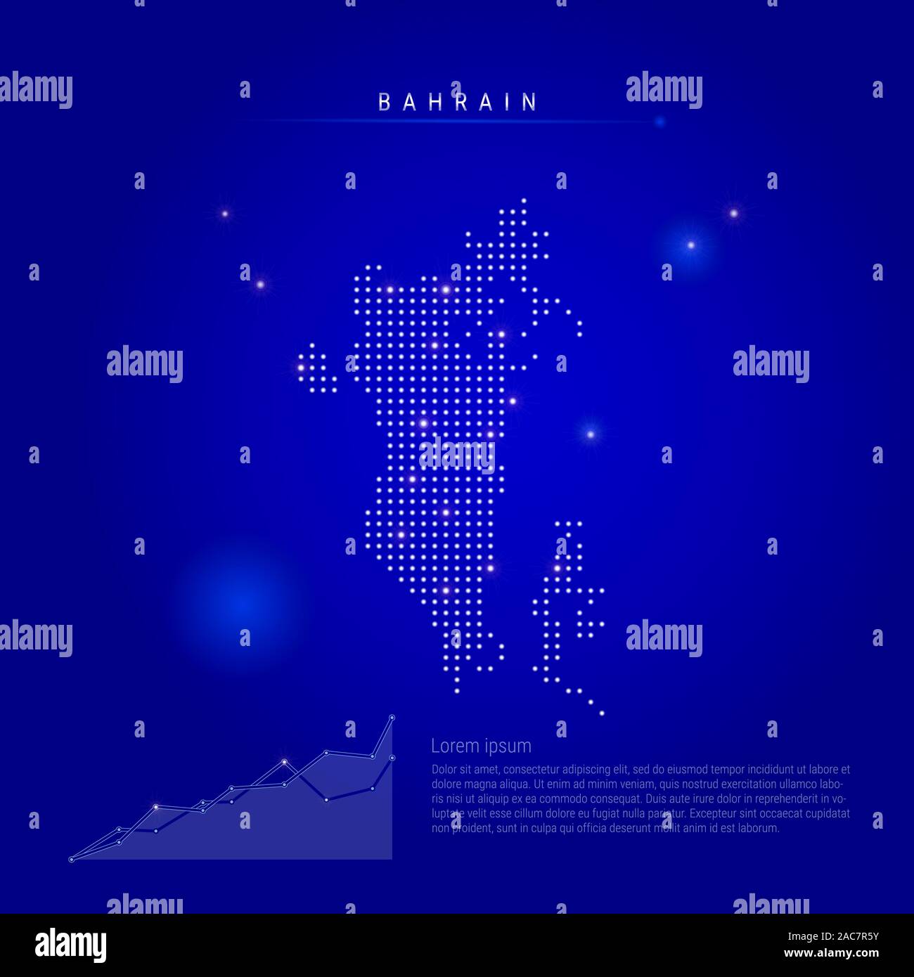Bahrain illuminated map with glowing dots. Infographics elements. Dark ...
