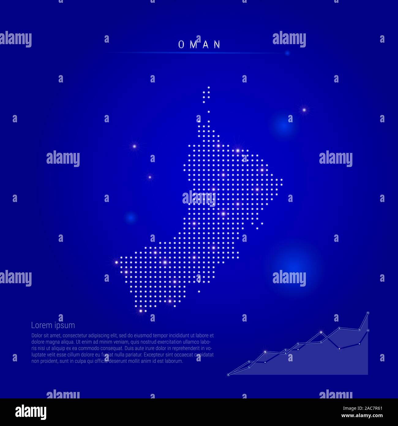 Oman illuminated map with glowing dots. Infographics elements. Dark ...