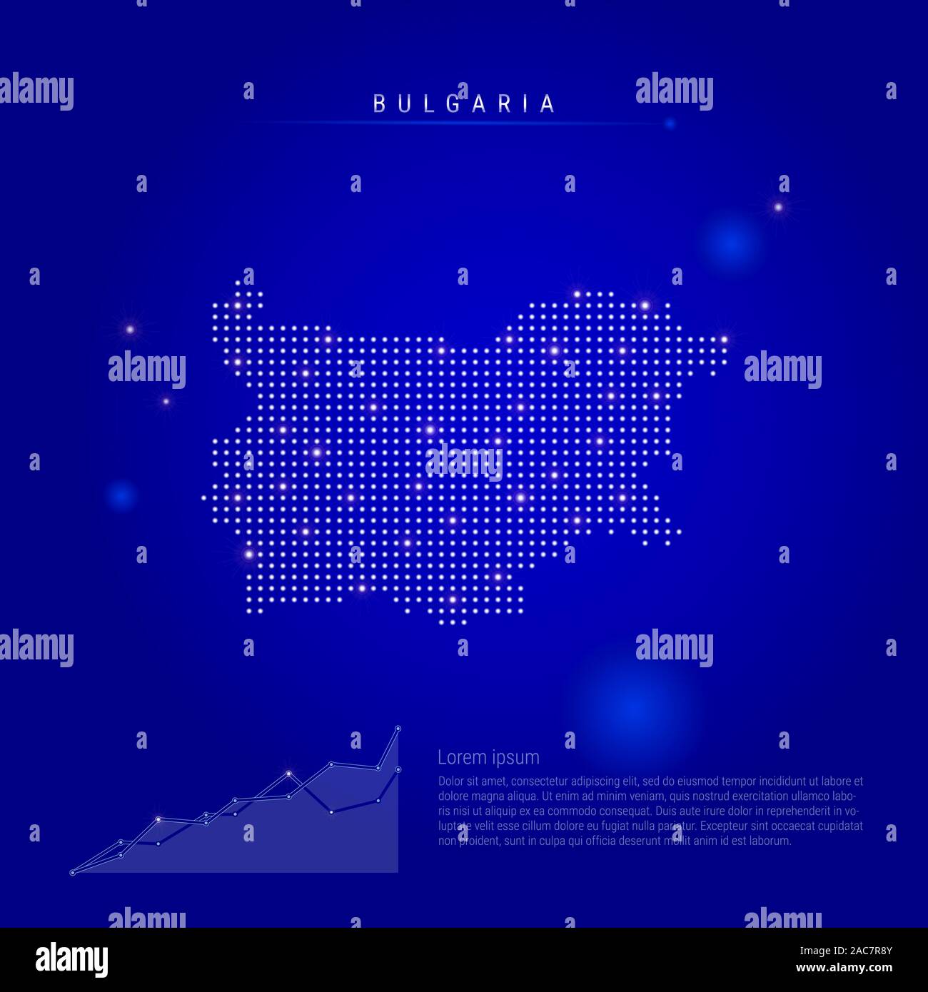 Bulgaria illuminated map with glowing dots. Infographics elements. Dark blue space background ...