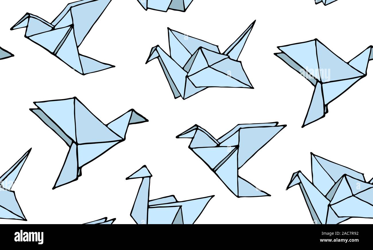 Seamless Pattern with Hand Drawn Origami birds - crane, swan, colibri ...