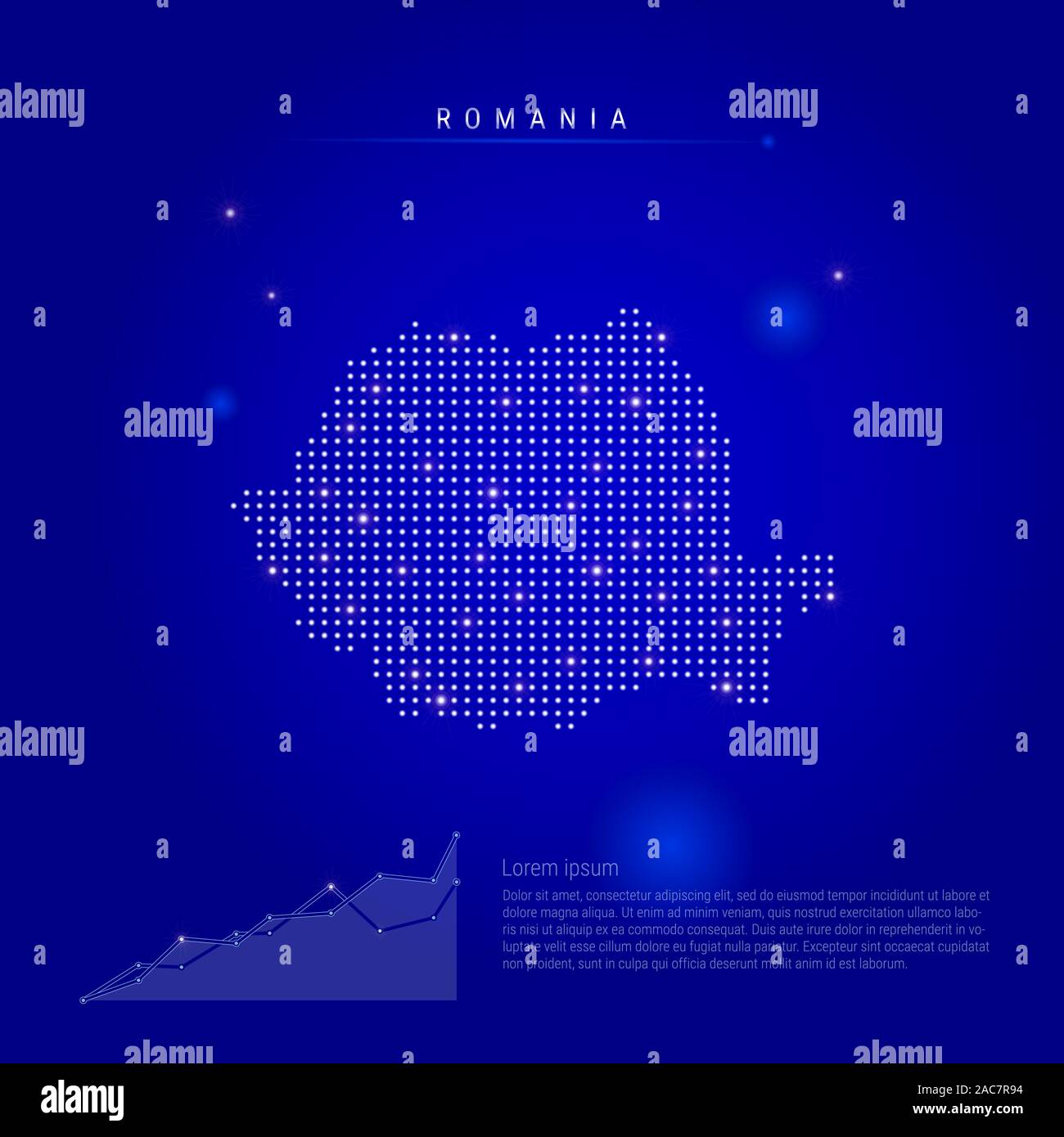 Romania illuminated map with glowing dots. Infographics elements. Dark ...