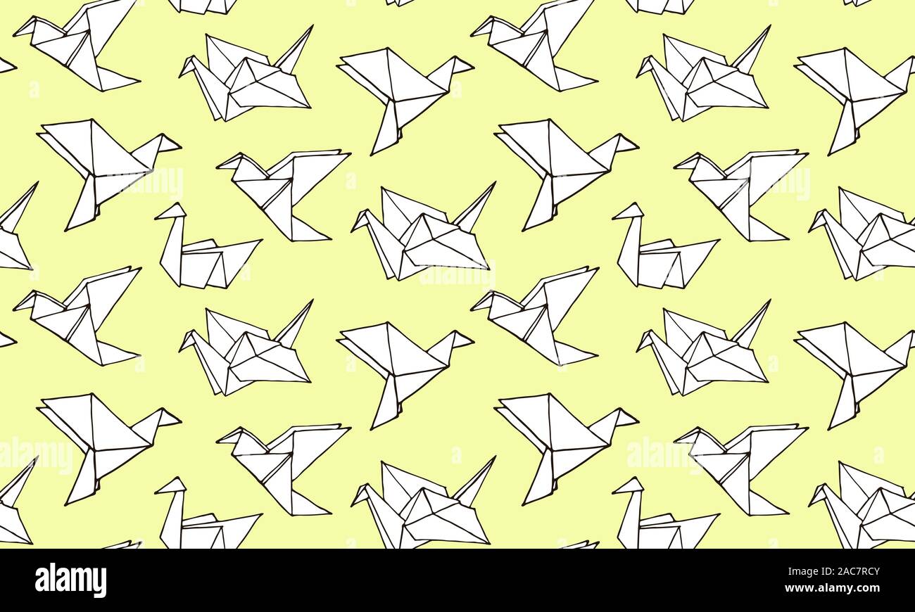 Seamless Pattern with Hand Drawn Origami birds - crane, swan, colibri ...
