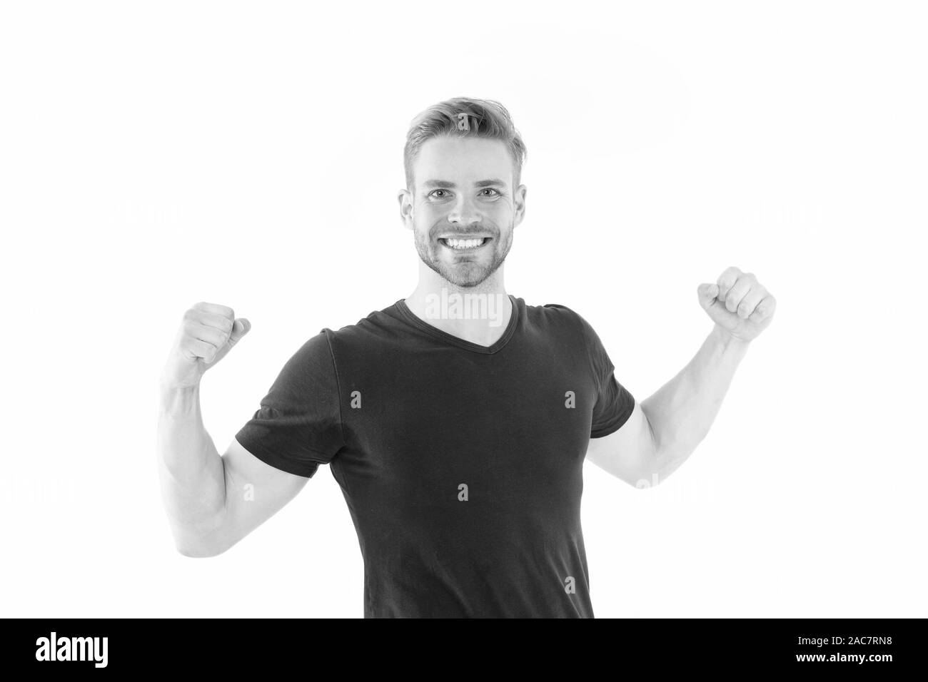 Victory and success. Champion winner. Successful guy celebrating ...