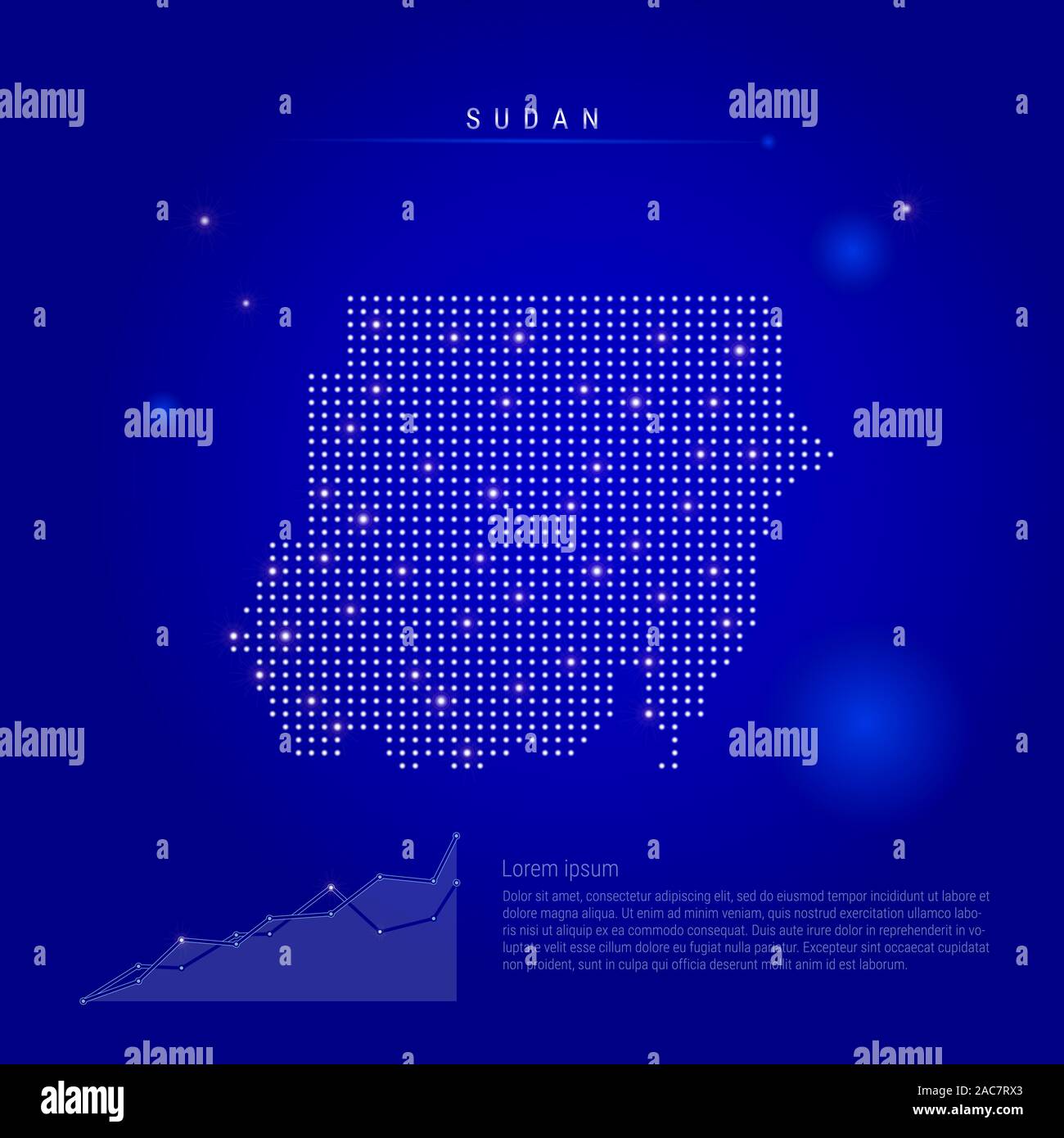 Sudan illuminated map with glowing dots. Infographics elements. Dark ...