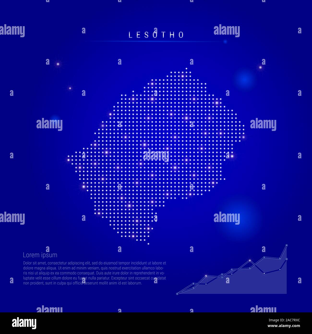 Lesotho illuminated map with glowing dots. Infographics elements. Dark ...