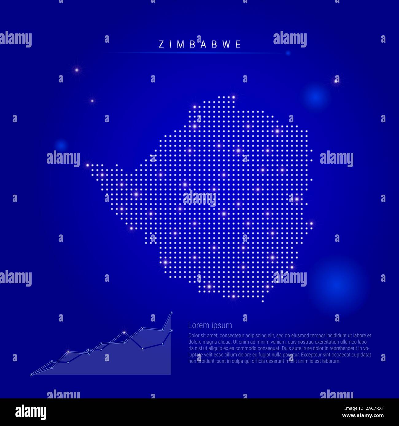 Zimbabwe illuminated map with glowing dots. Infographics elements. Dark ...