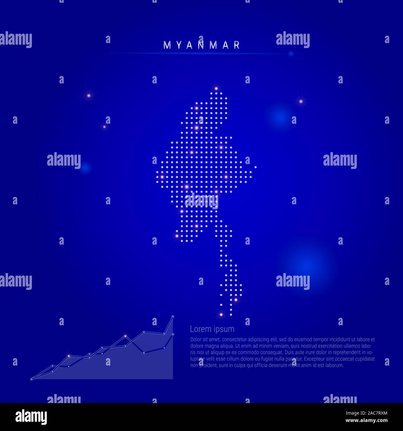 Myanmar illuminated map with glowing dots. Infographics elements. Dark ...