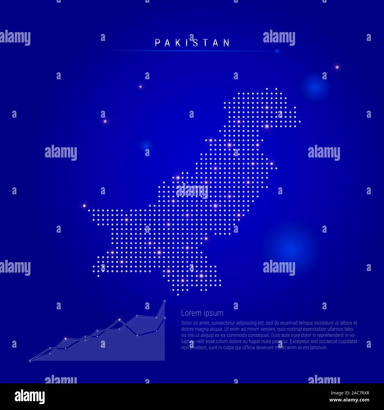 Pakistan illuminated map with glowing dots. Infographics elements. Dark ...
