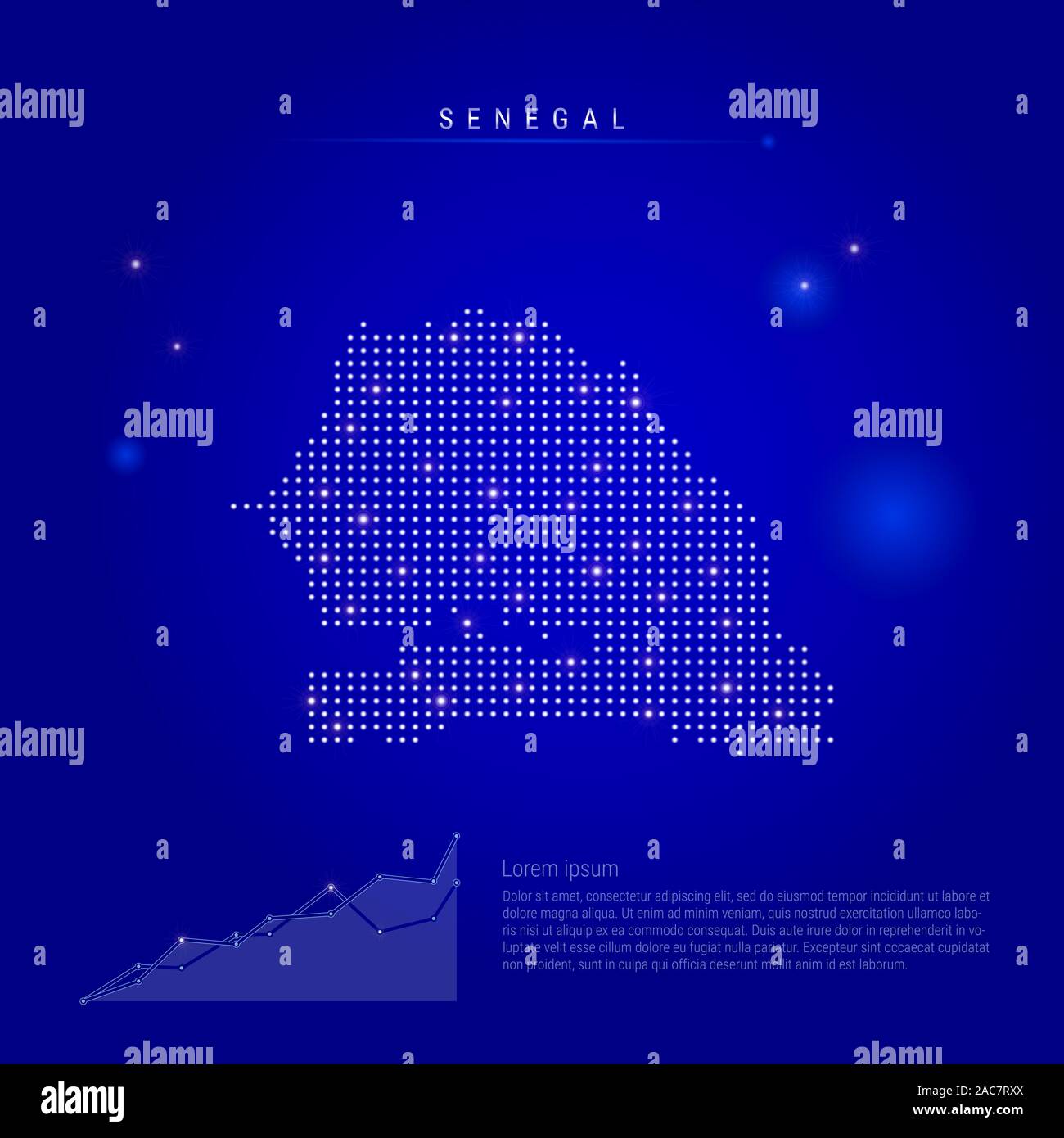 Senegal illuminated map with glowing dots. Infographics elements. Dark ...