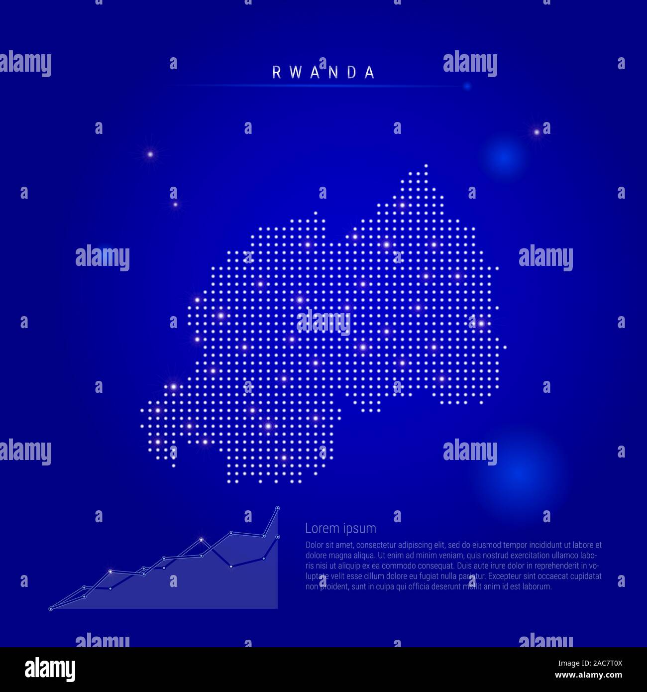 Rwanda illuminated map with glowing dots. Infographics elements. Dark ...