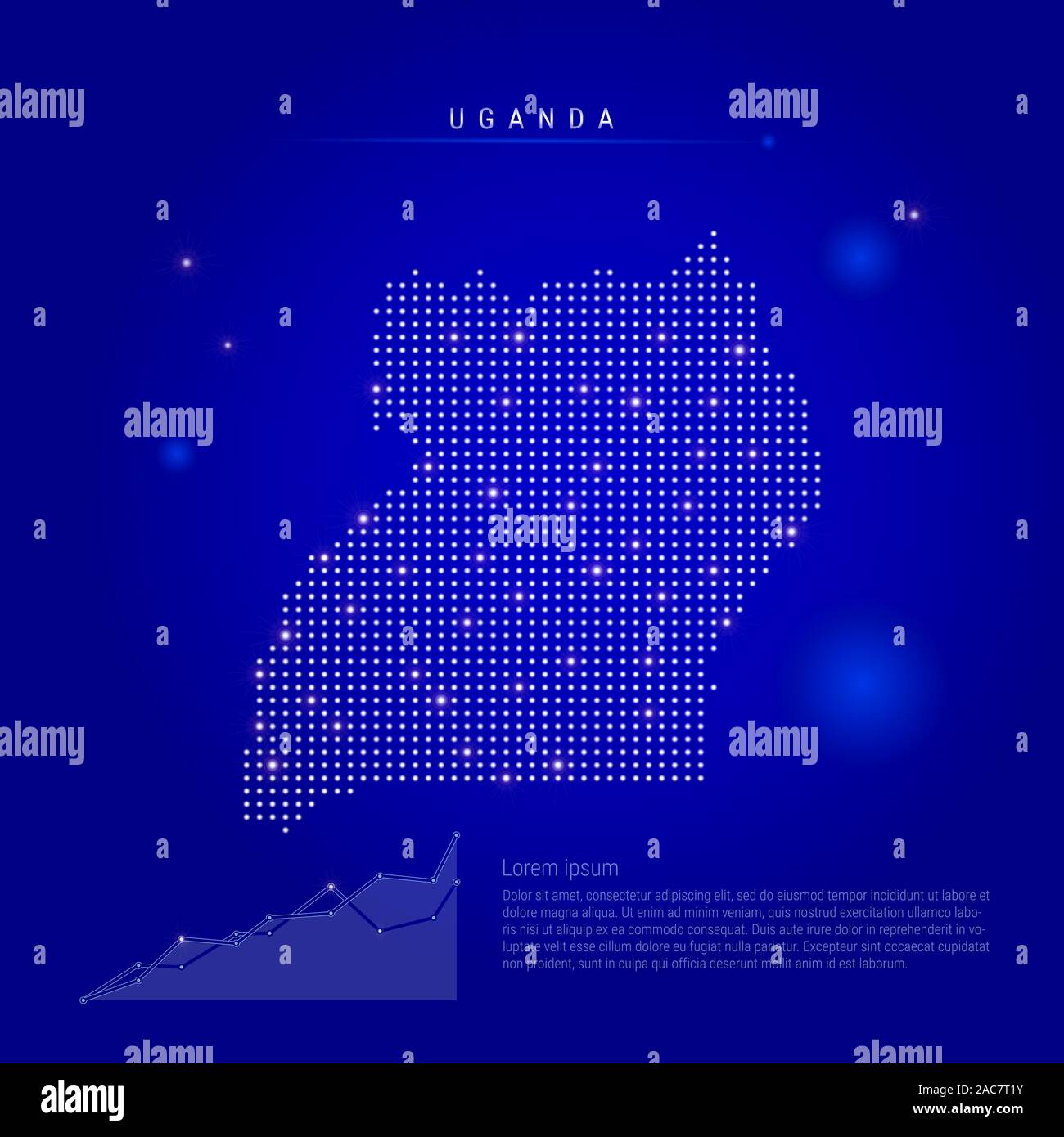 Uganda illuminated map with glowing dots. Infographics elements. Dark ...