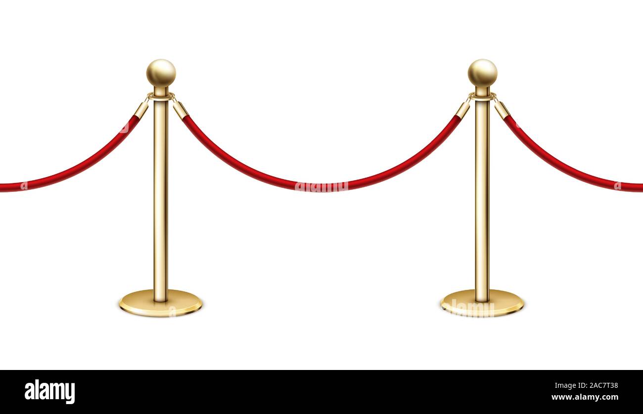 Vector realistic seamless golden barrier rope barrier in a row with red ...