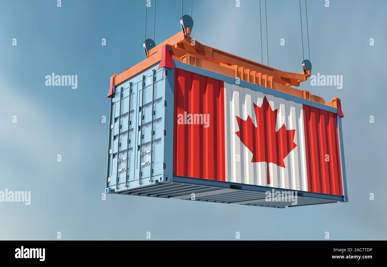 Freight container with Canada national Flag design hanging on a ...