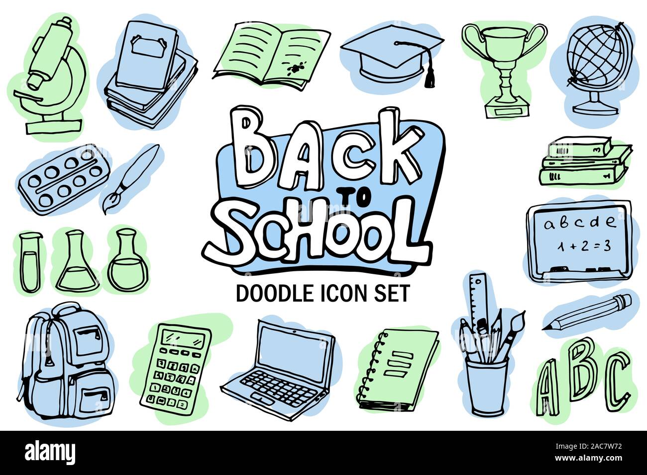 Back to school icon set. Doodle elements. Lettering and school supplies ...