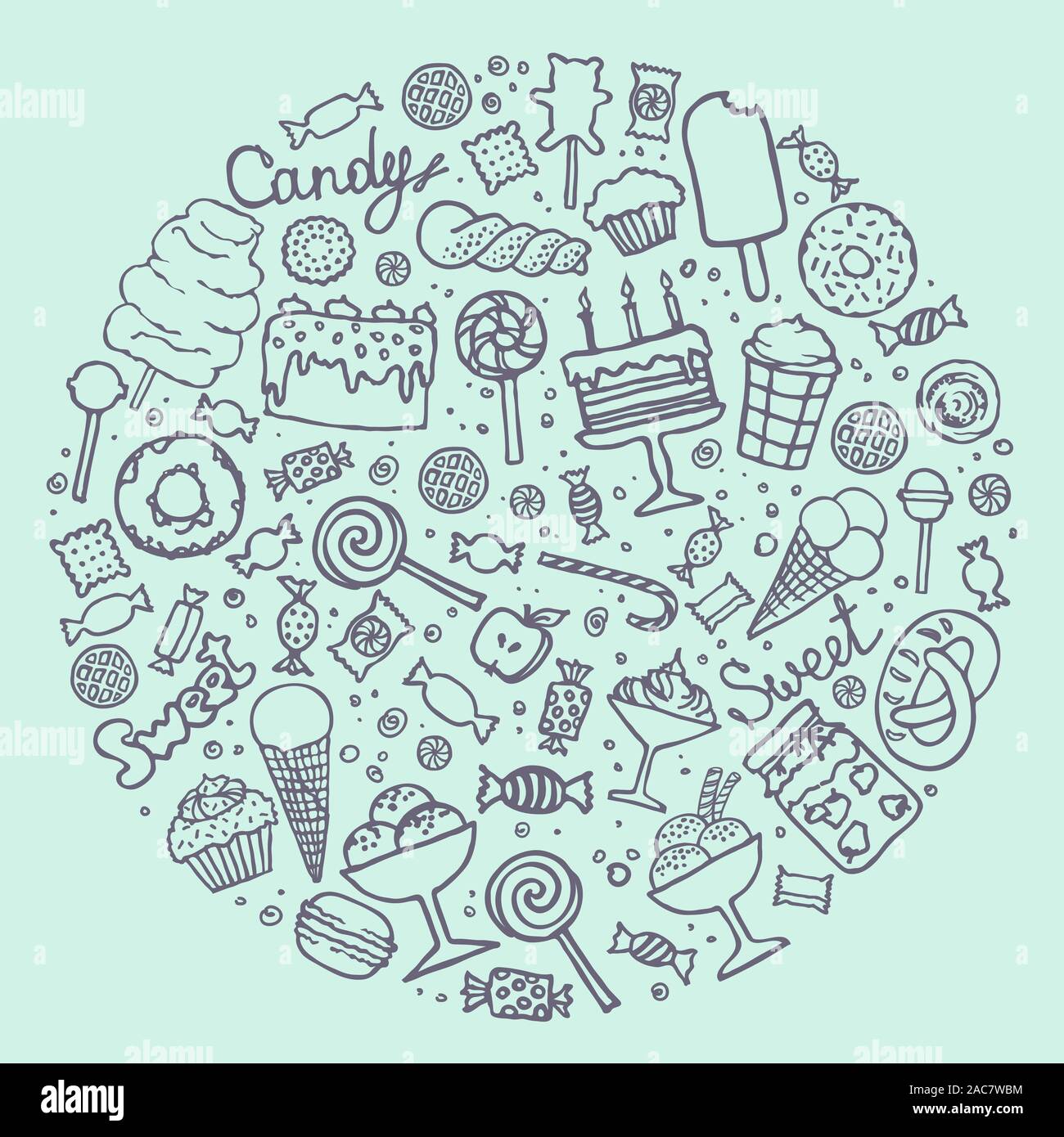 Doodle candy set. Collection of candies, cakes, sweets, ice cream and ...