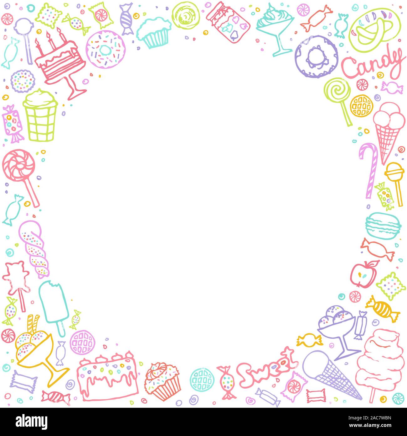 Candy shop doodle background. Frame with sweets. Collection of candies ...