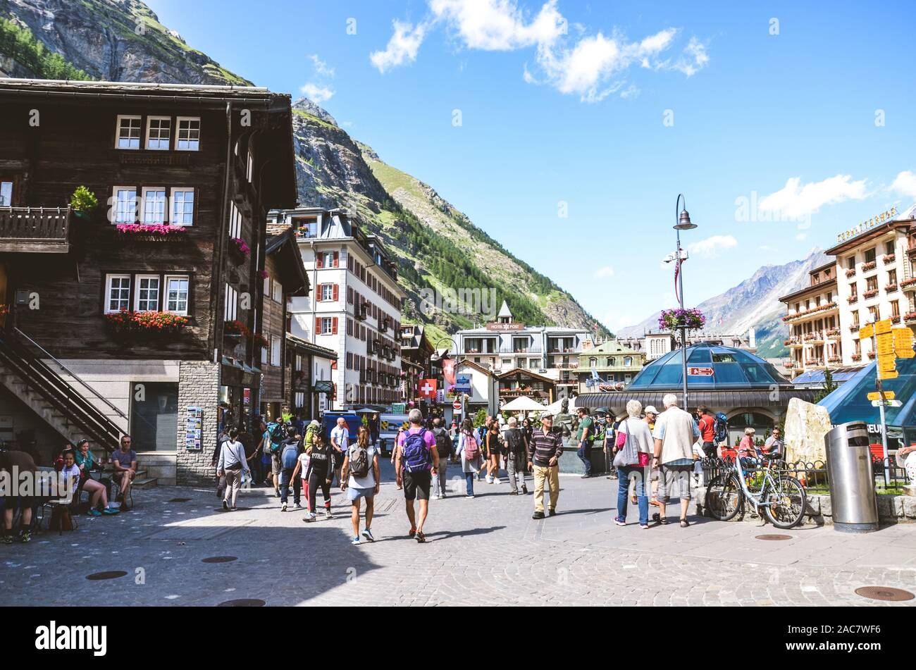 Zermatt, Switzerland - July 10, 2019: Street with tourists in beautiful ...