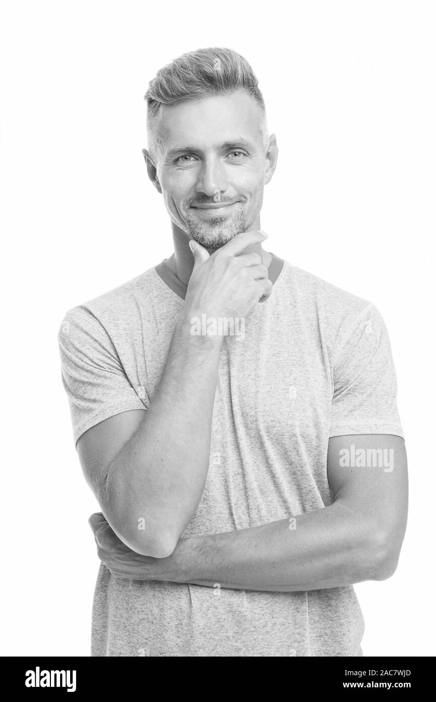 Something on his mind. Thoughtful face expression. Man handsome well ...