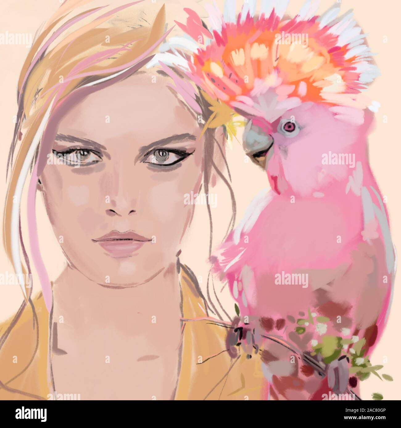 Painting woman portrait. With pink cockatoo Stock Photo - Alamy