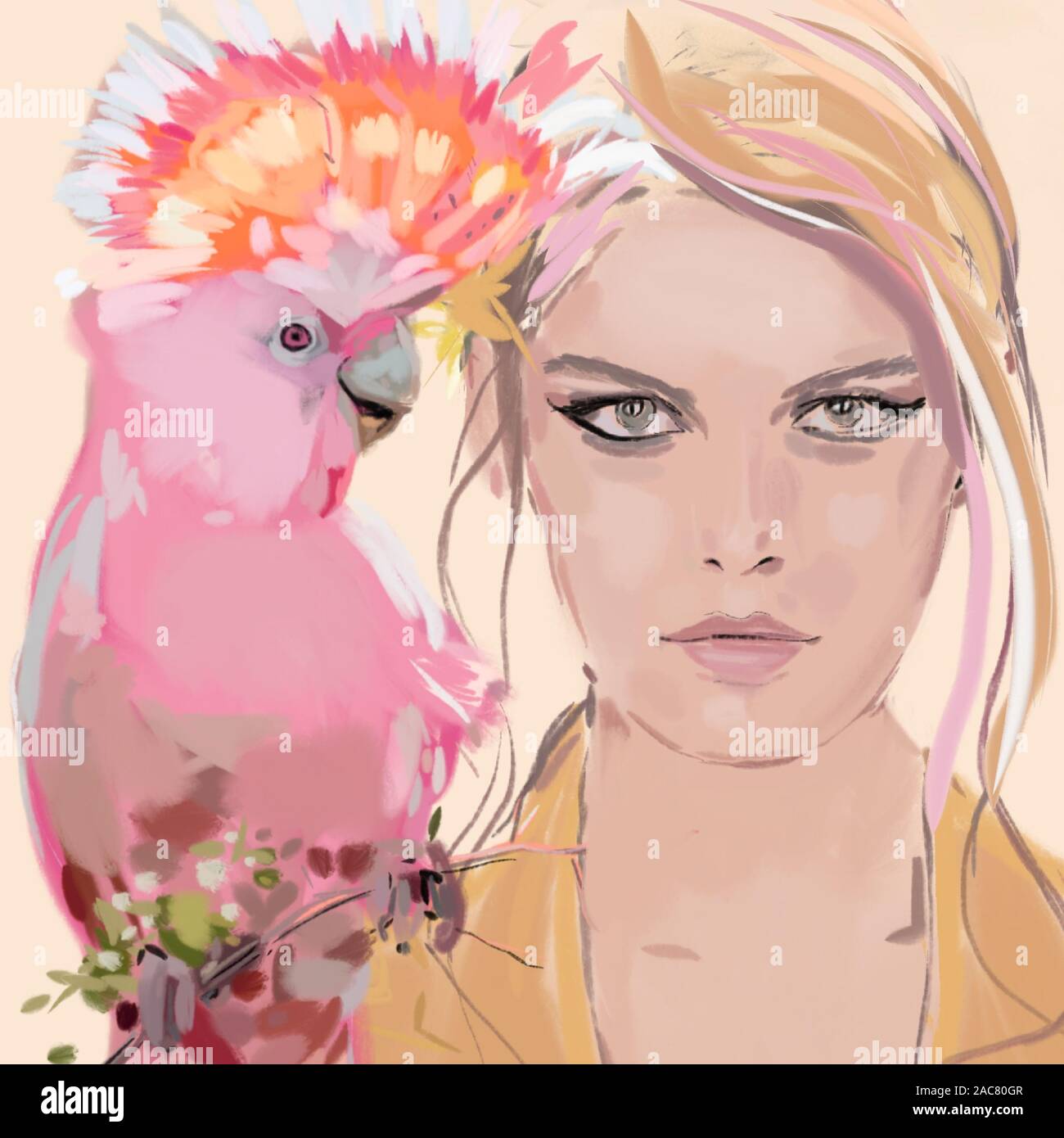 Painting woman portrait. With pink cockatoo Stock Photo - Alamy
