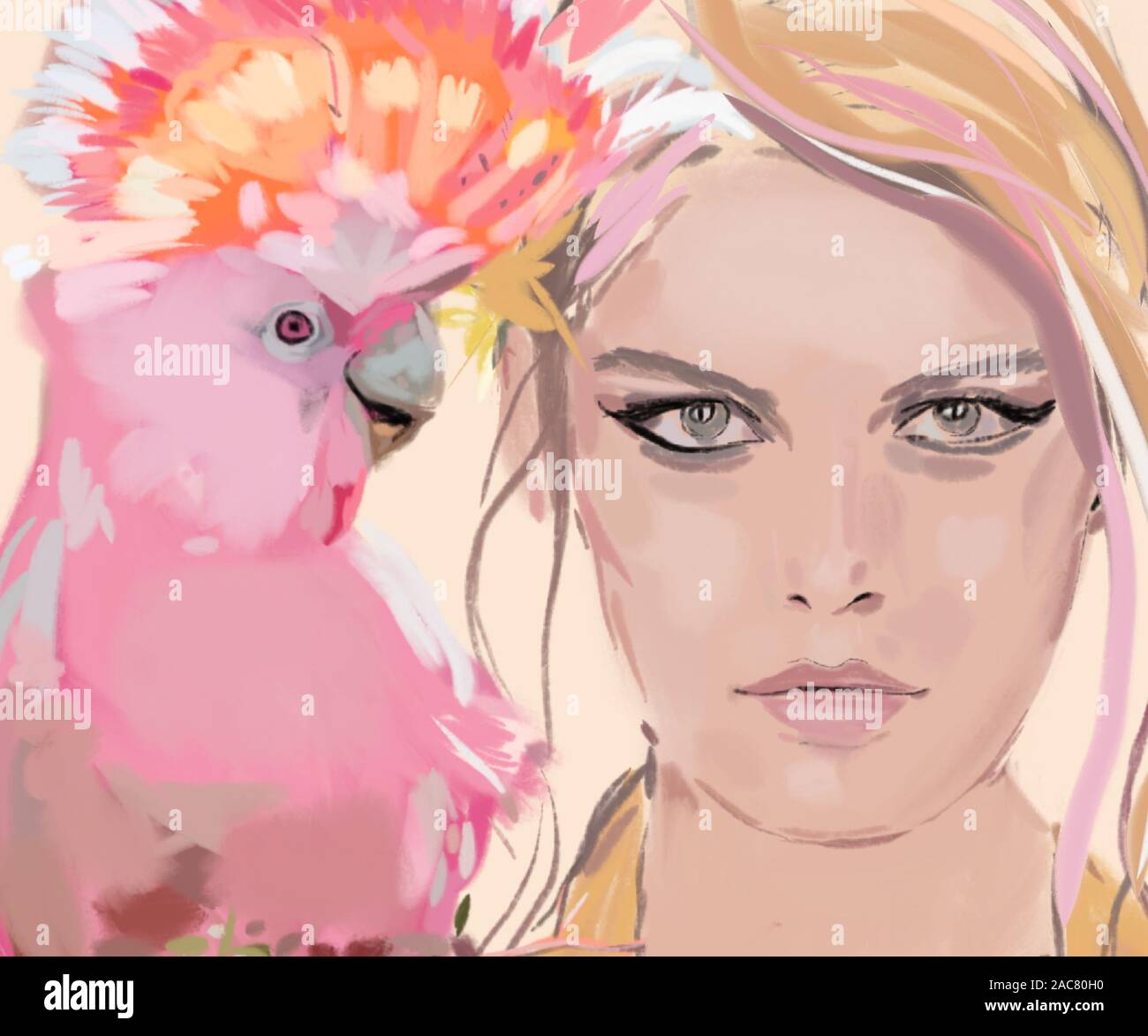 Painting woman portrait. With pink cockatoo Stock Photo - Alamy
