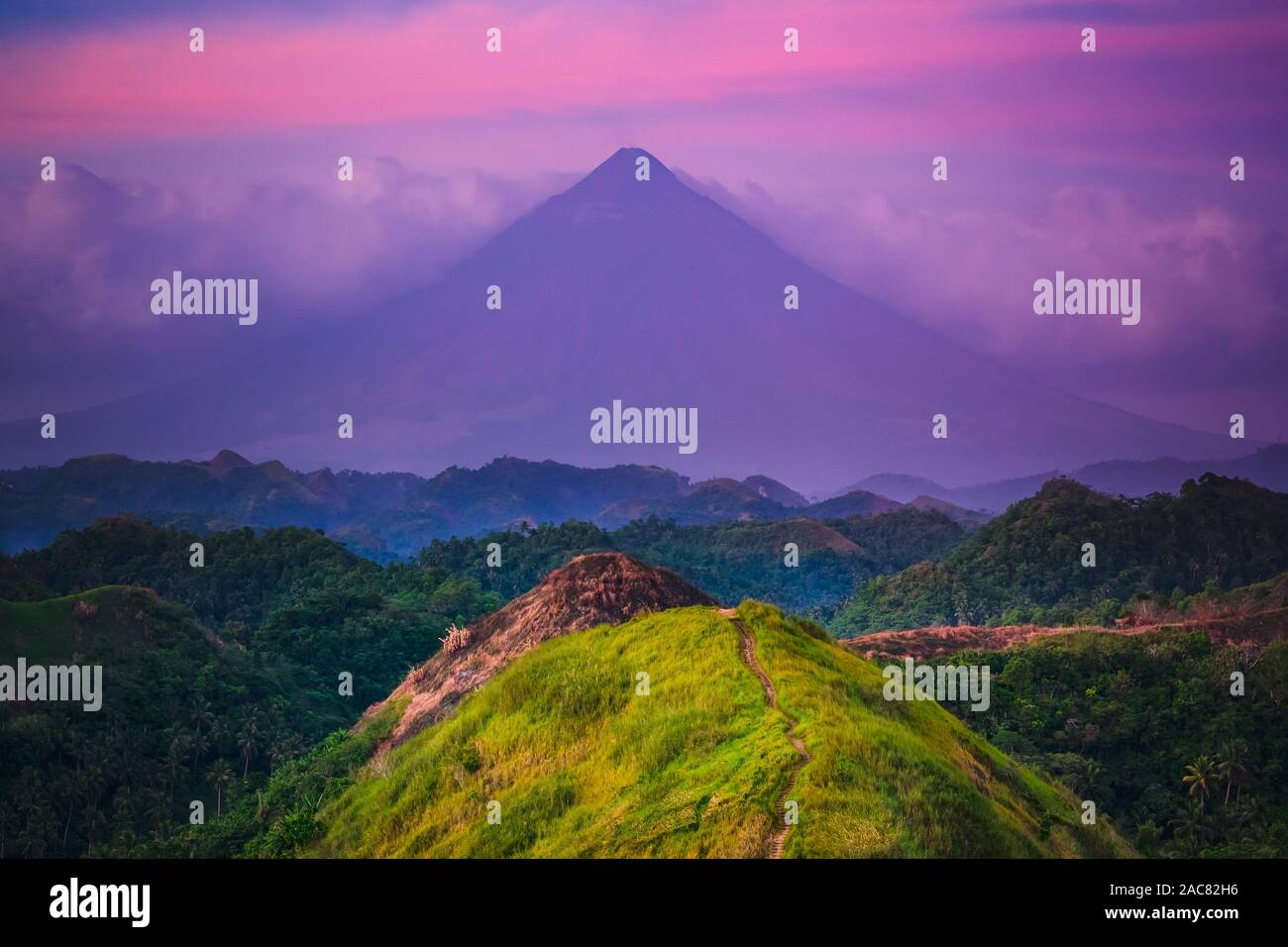 Sunset Mayon Volcano on Luzon Island Philippines. Wild Jungle Trees and ...