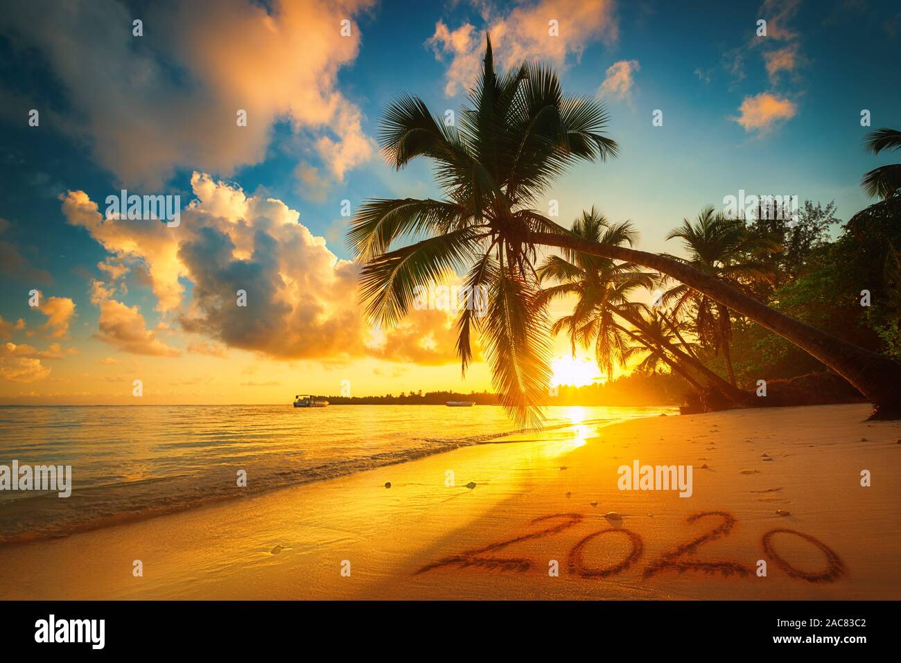 Happy New Year 2020 concept, lettering on the beach. Sea sunrise. Punta ...
