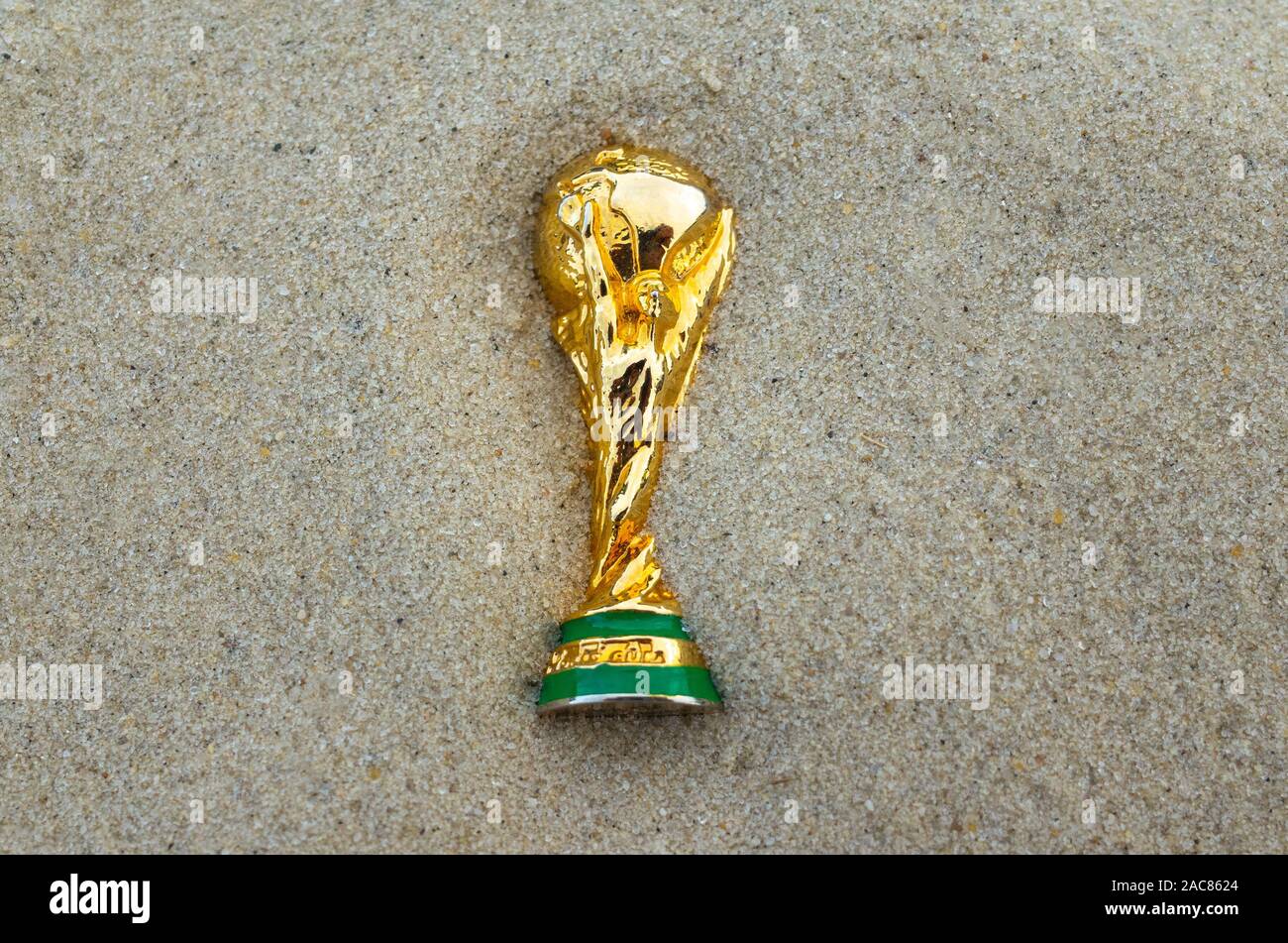 May 30, 2019. Doha, Qatar. FIFA World Cup trophy on sand. FIFA World ...
