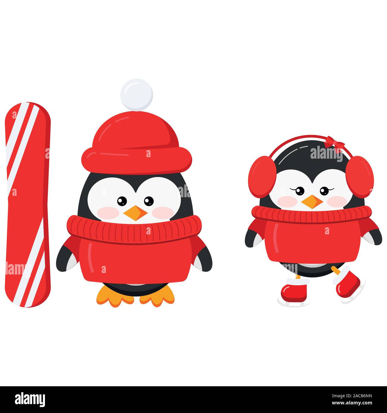Cute winter sport penguin boy and girl couple set isolated on white ...