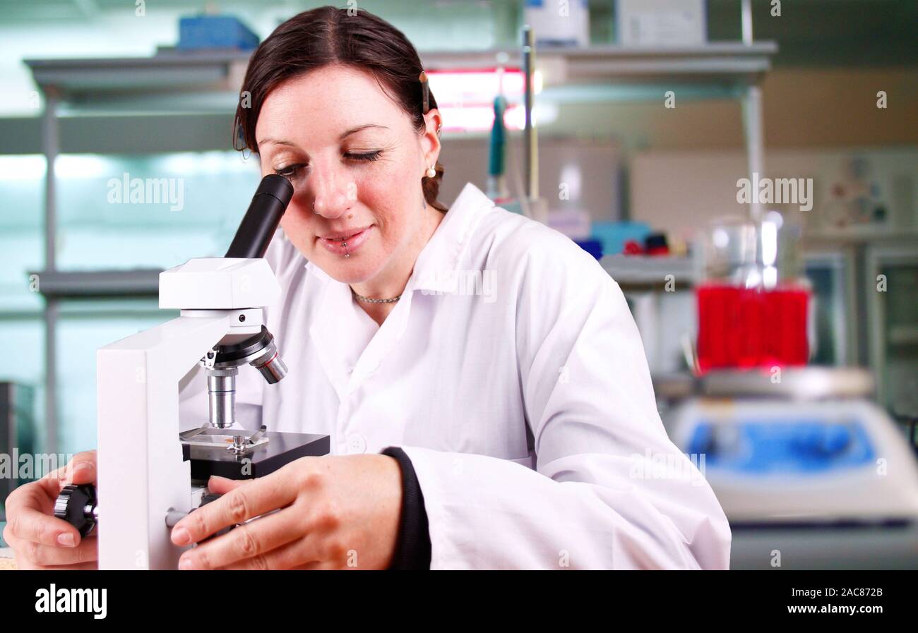 Scientist researching and evaluating with a microscope Stock Photo - Alamy