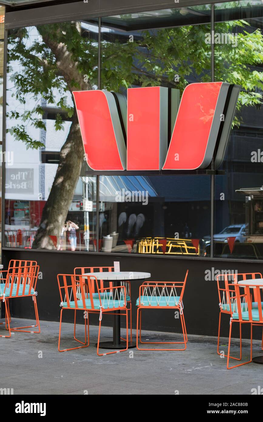 The corporate logo for the Australian bank Westpac on the side of a ...